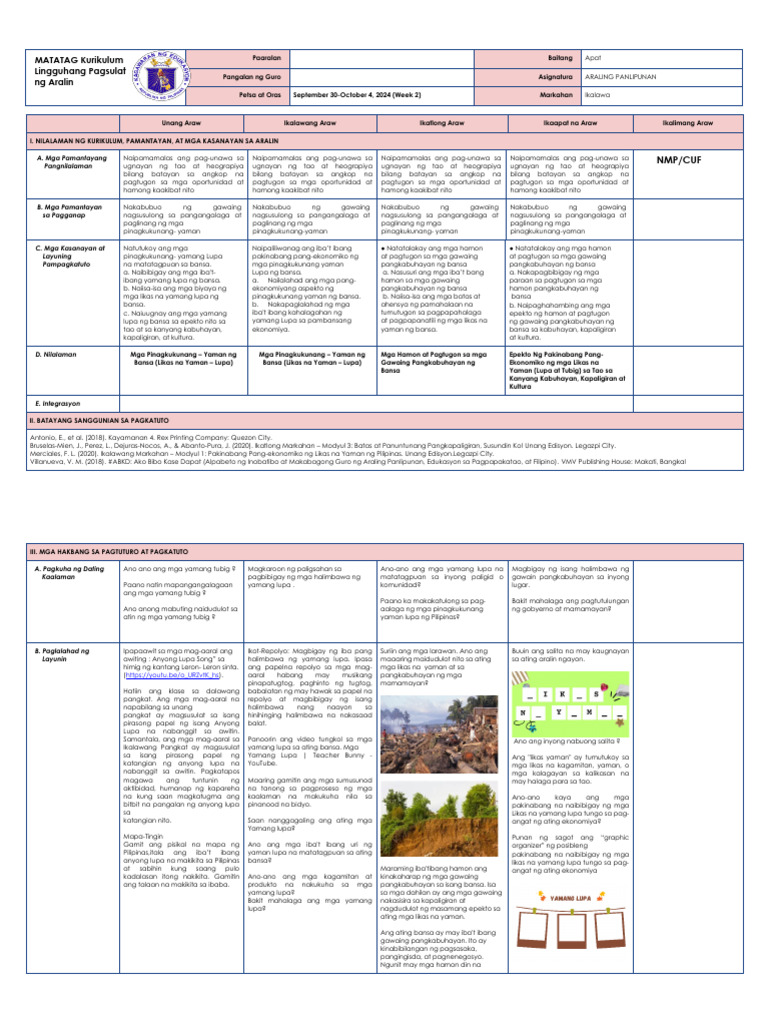 MATATAG Kurikulum Lingguhang Pagsulat NG Aralin: Nmp/Cuf | PDF