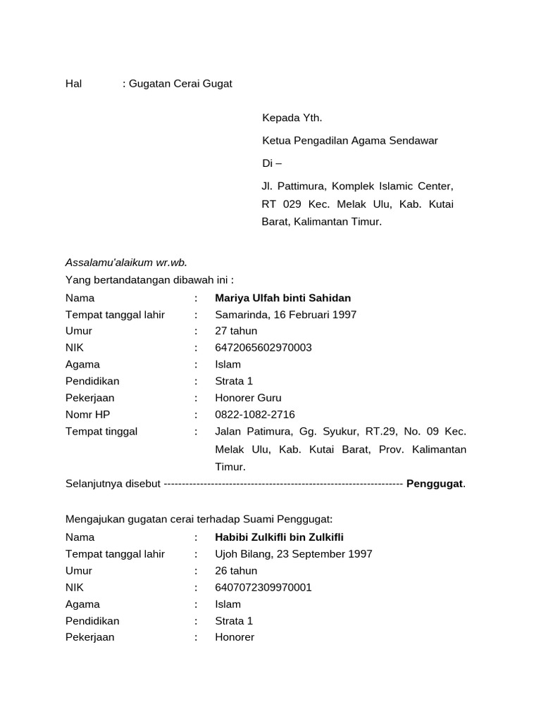 Gugatan Cerai Gugat Mariya | PDF | Hukum