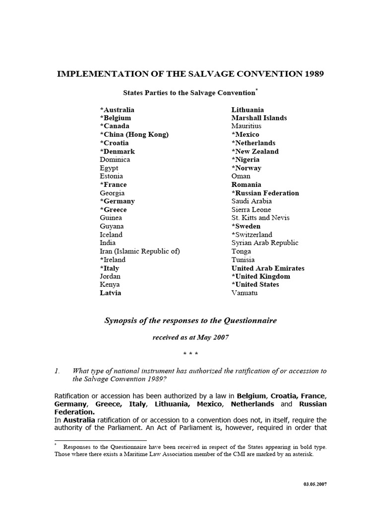 Implementation of The Salvage Convention 1989 Synopsis of The Responses To The Questionnaire ...