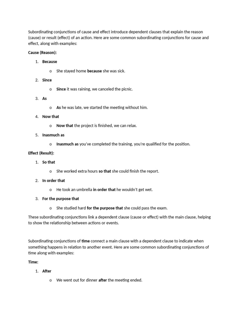 Subordinating Conjunctions of Cause and Effect Introduce Dependent ...