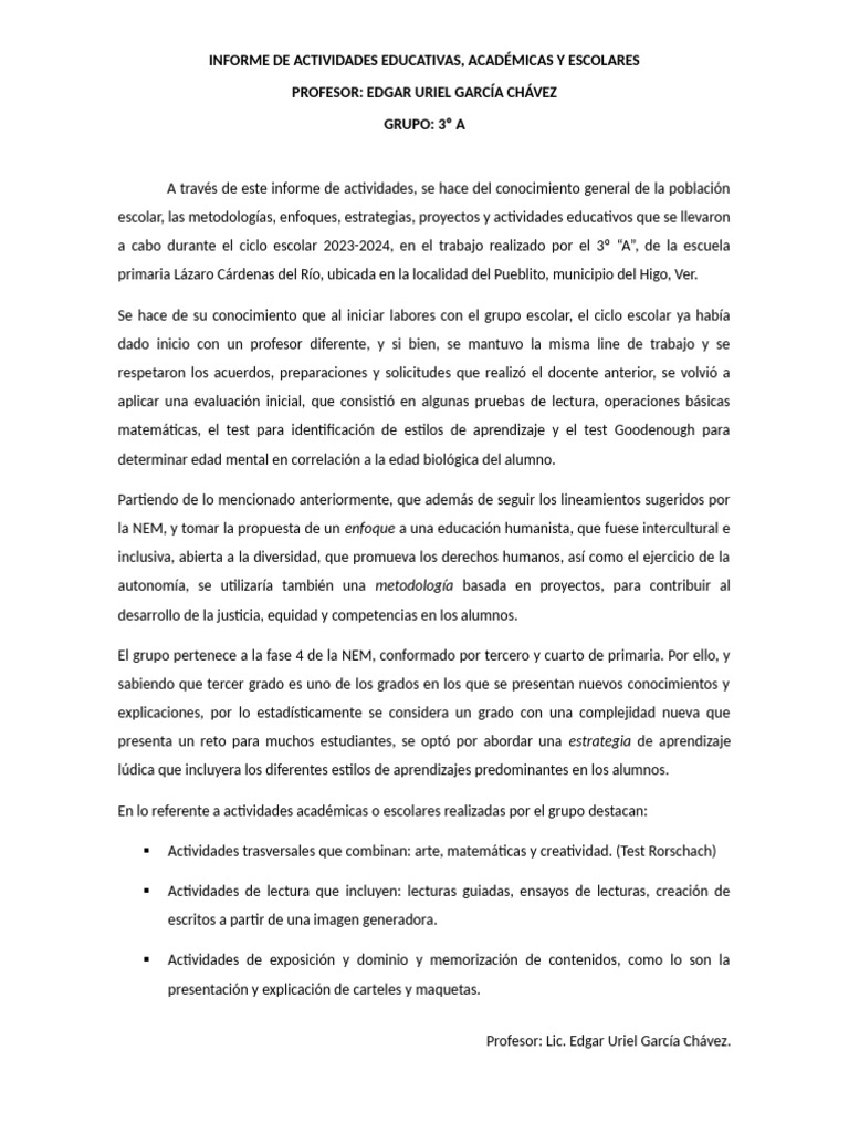 Informe de Actividades Tercer Grado | PDF | Maestros | Aprendizaje