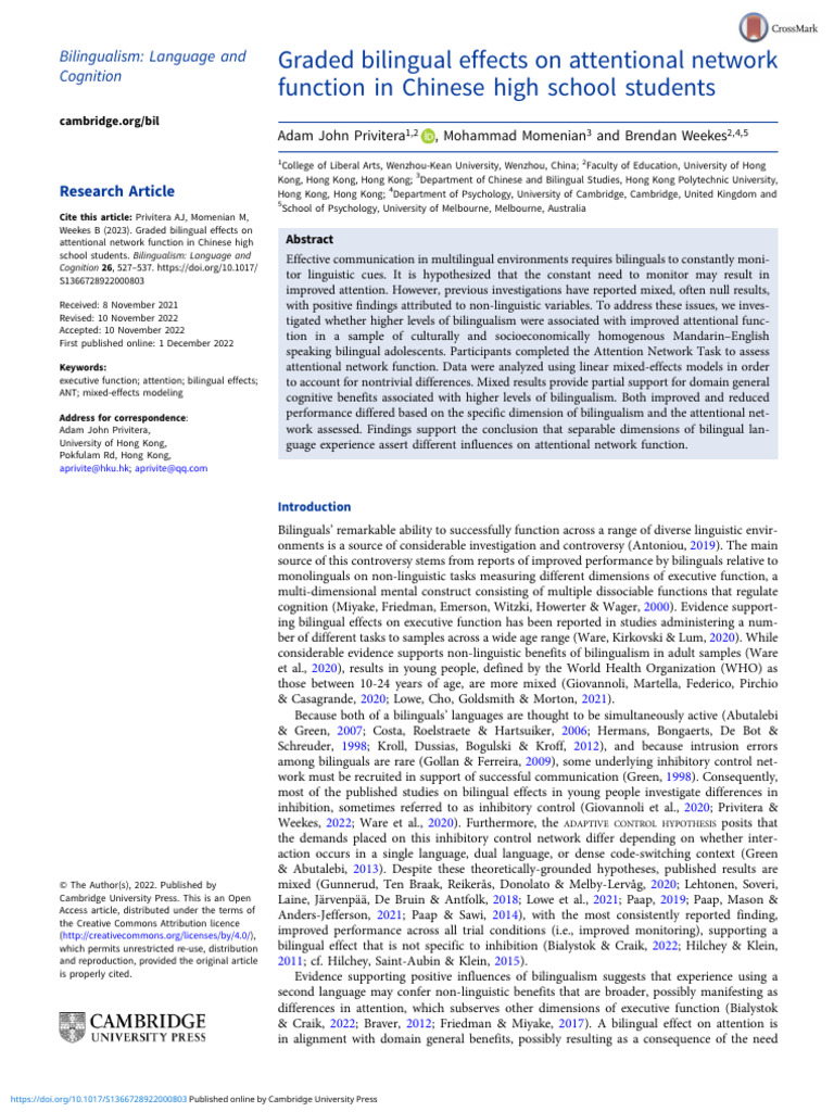 Graded Bilingual Effects on Attentional Network Function in Chinese ...