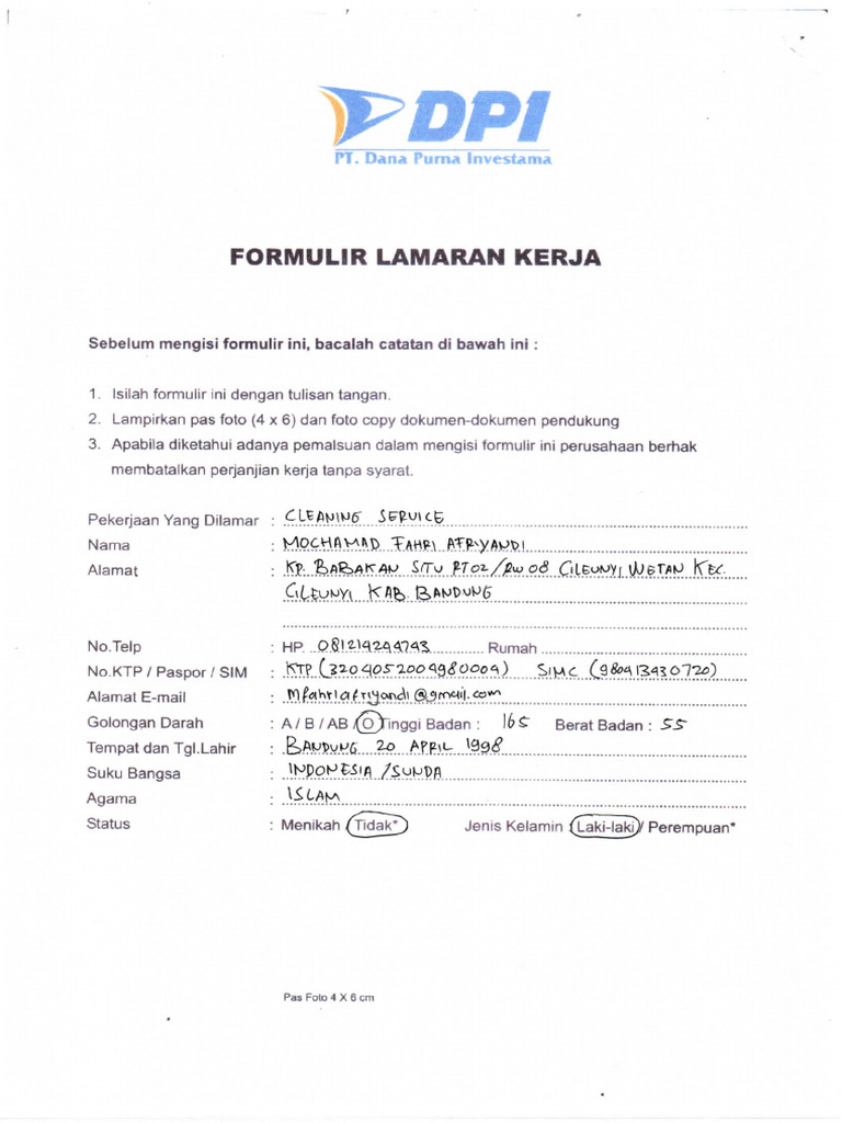 Formulir Lamaran Fahri | PDF