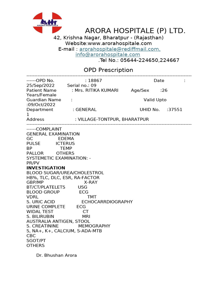 OPD Prescription | PDF | Medical Specialties | Clinical Medicine