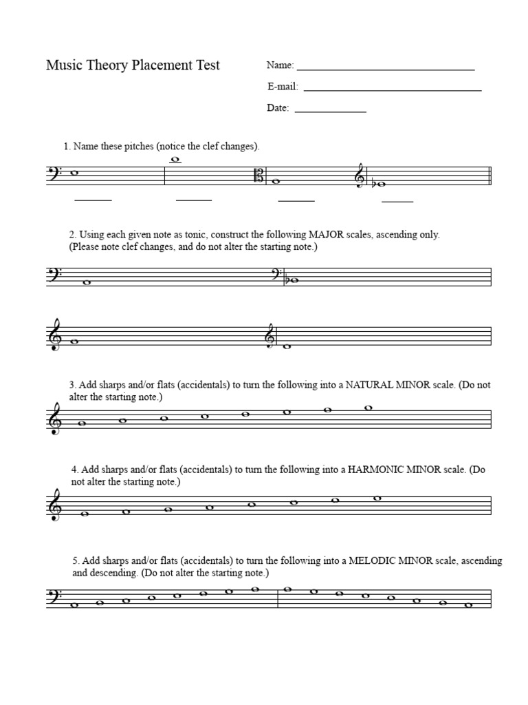 UVM Theory Placement Test 2010 | PDF | Minor Scale | Interval (Music)