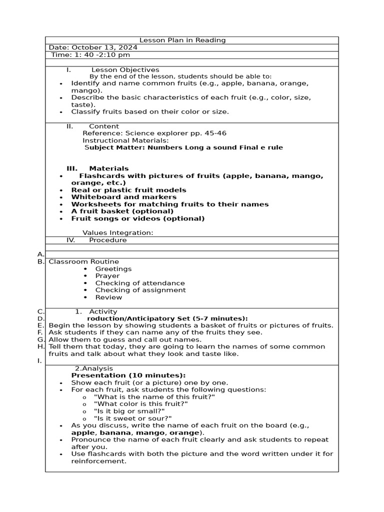 Cher Juvy Lesson Plan in Reading Week 12 | PDF | Lesson Plan | Fruit
