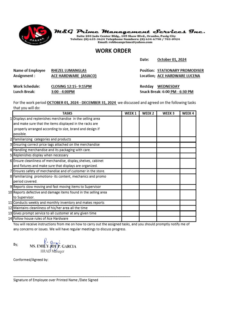 Work Order Oct 01 Dec 31 2024 Lumanglas | PDF