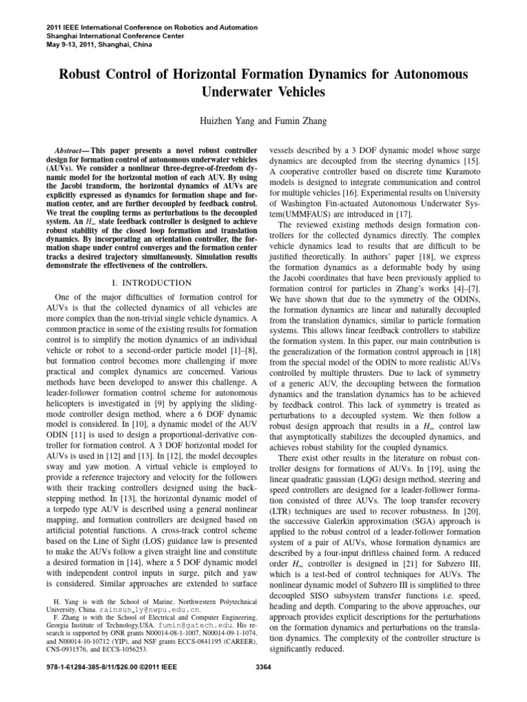 2011 - Robust Control of Horizontal Formation Dynamics For Autonomous Underwater Vehicles | PDF ...