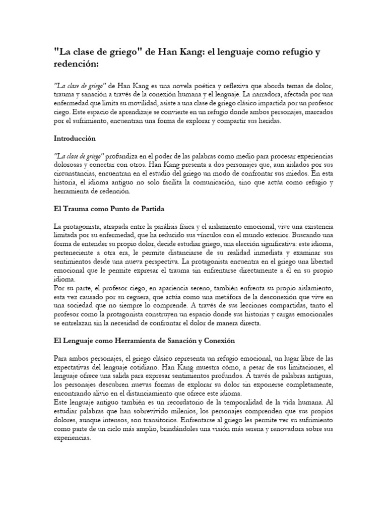"La clase de griego" de Han Kang | PDF | Las emociones | Trauma psicólogico