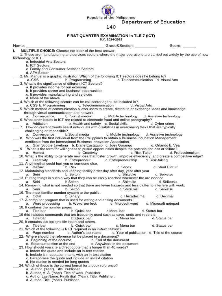 TLE 7 First Quarter Exam 2024-2025 | PDF | Information And ...