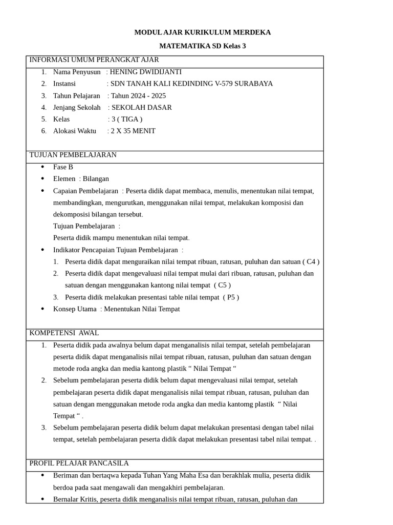 MODUL AJAR KUMER MTK Kls 3 PPG DALJAB 2024 New | PDF