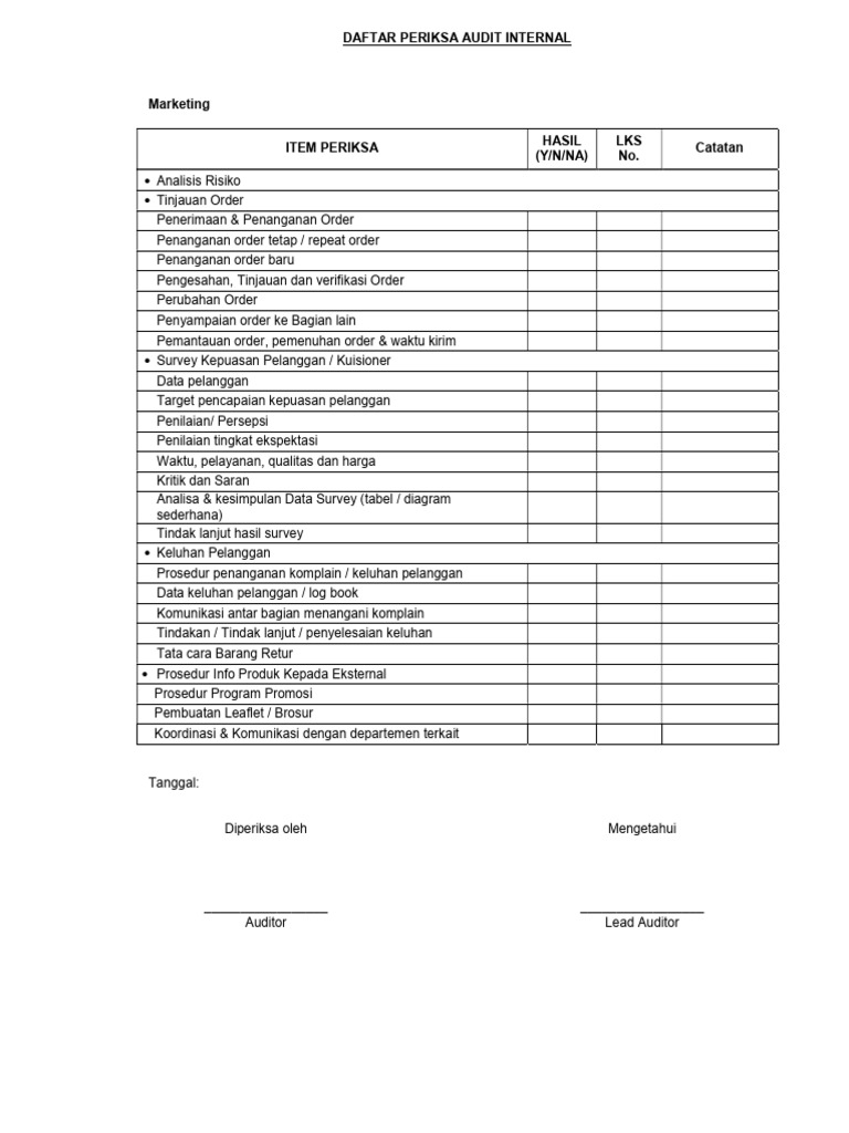 Daftar Periksa Audit Internal - Marketing | PDF