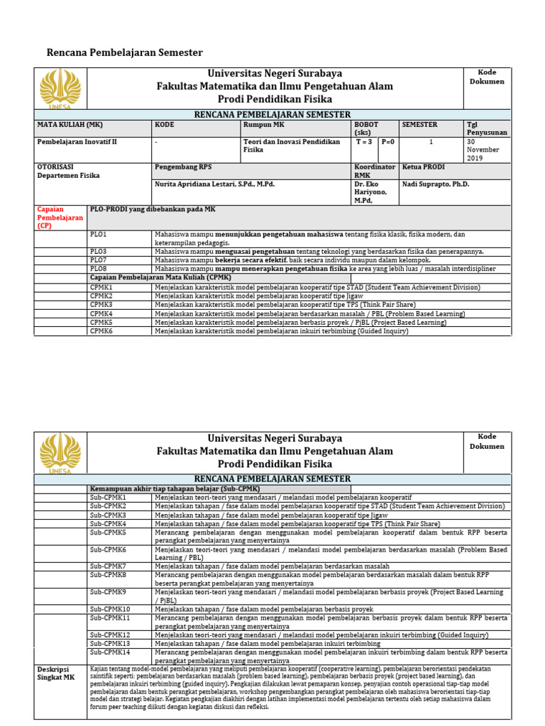 Contoh Rps PBL | PDF