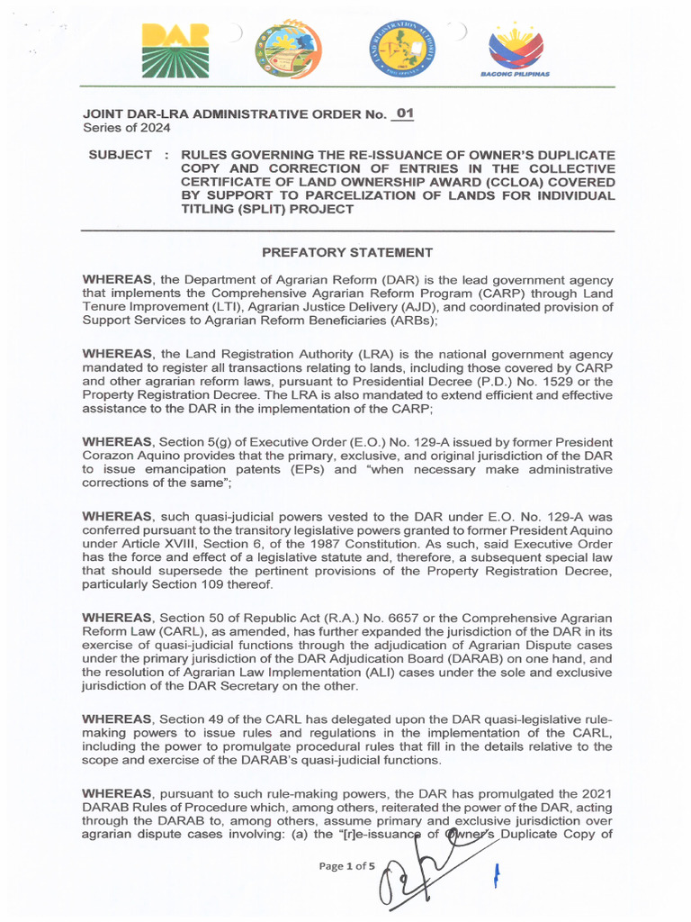 Ao 01 s2024 Rules Governing The Re Issuance of Owner S Duplicate Copy and Correction of Entries ...