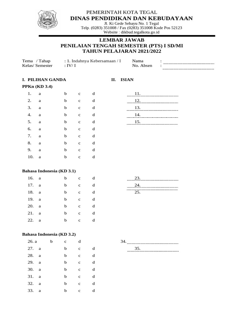 Lembar Jawab PTS Tema 1 Tahap 1 | PDF