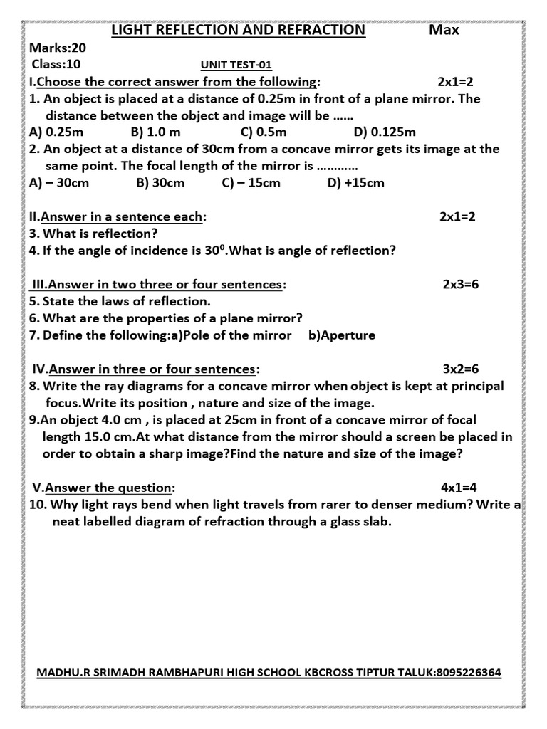 Light Reflection and Refraction Ut-01 | PDF