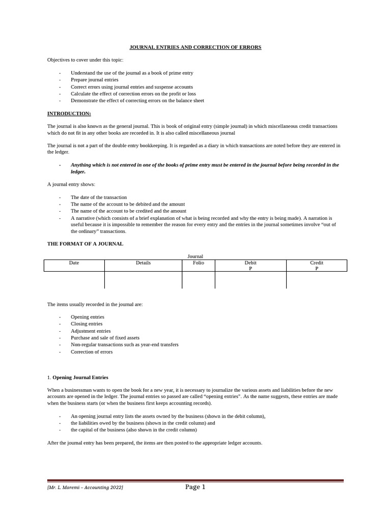Journal Entries and Correction of Errors 2020 | PDF | Debits And Credits | Financial Accounting