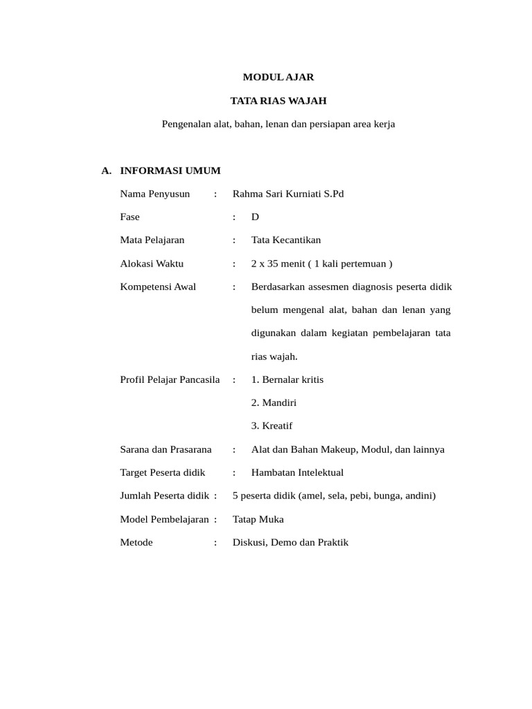 Modul Ajar Pengenalan Alat Bahan Lenan Dan Persiapan Area Kerja | PDF