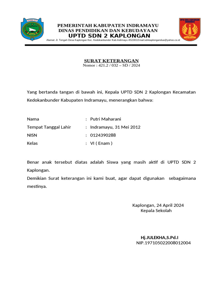 SURAT KETERANGAN SISWA Aktif Sekolah | PDF