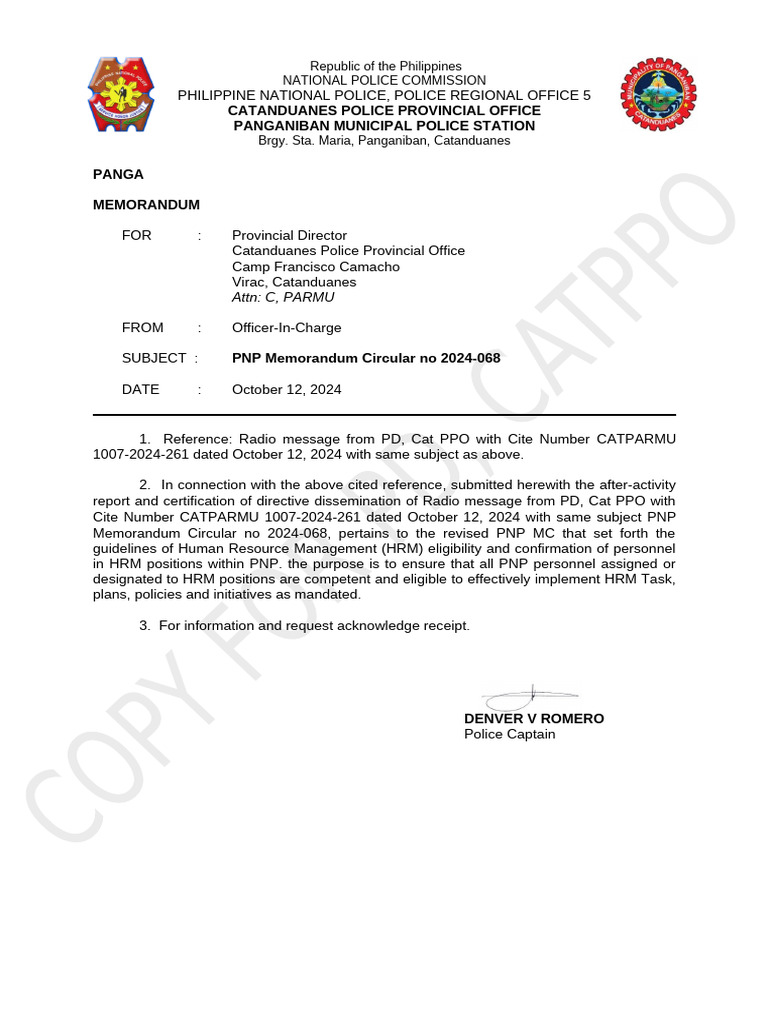 PNP Memorandum Circular No 2024-068 | PDF | Philippines | Law Enforcement