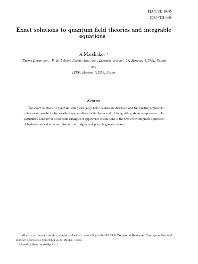 Exact Solutions To Quantum Field Theories and Integrable Equations - PDF Room | PDF | String ...