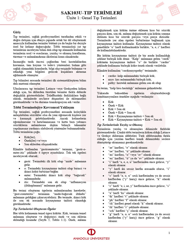 Tıbbi Terimler 1.ünite Özet | PDF