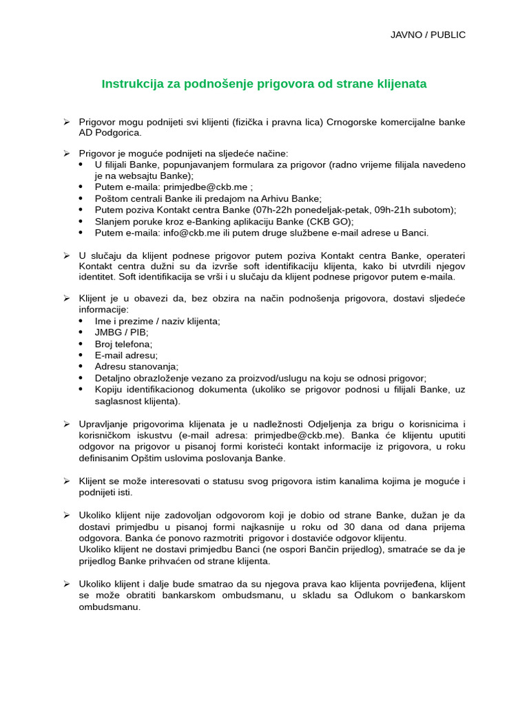 Instrukcija Za Podno Enje Reklamacija Od Strane Klijenata | PDF