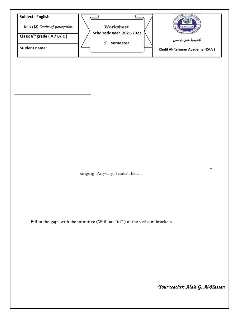 Verbs of Perception Worksheet | PDF | Language Arts & Discipline | Art