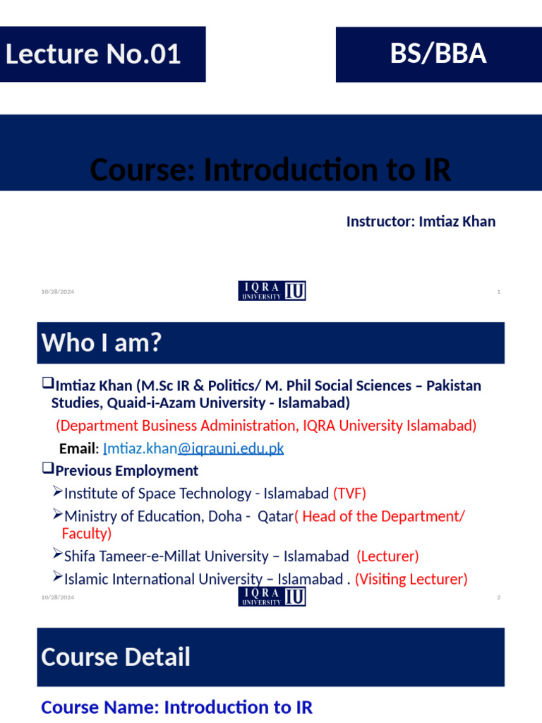 IR 101 Lecture No 01 | PDF | International Relations