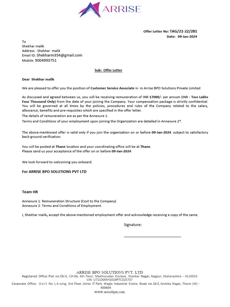 Arrise BPO Solutions Job Offer Letter | PDF | Employment | Confidentiality