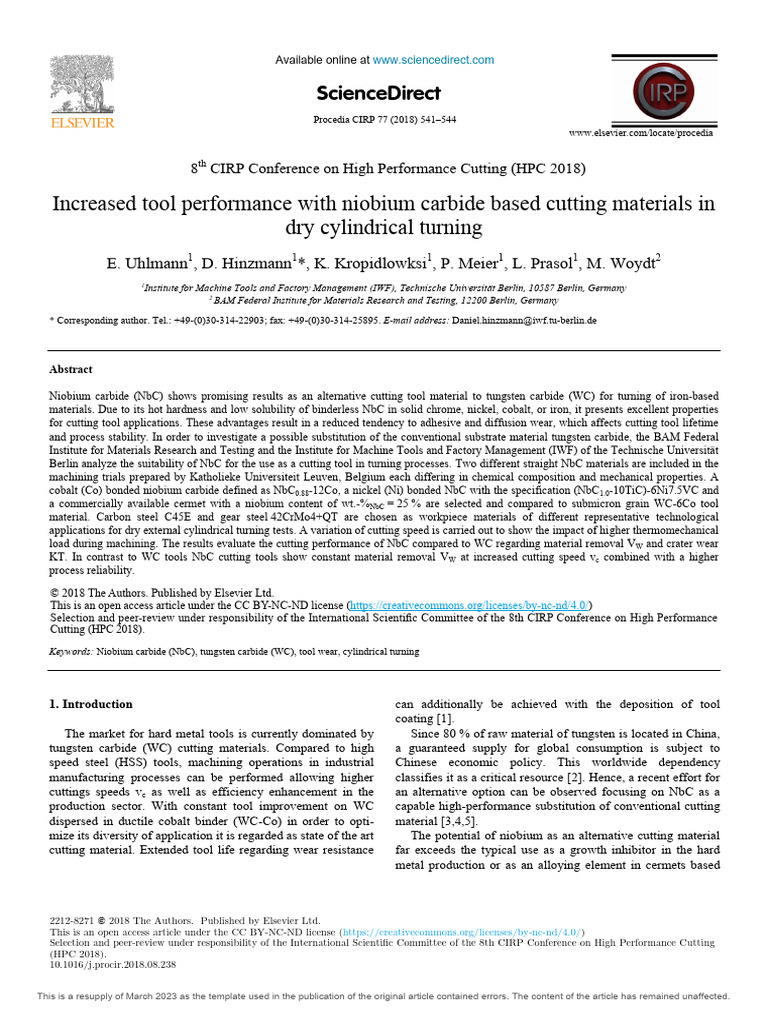 Increased Tool Performance With Niobium Carbide Based Cutting Materials ...
