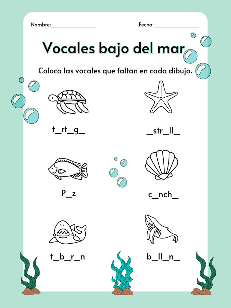 Hoja de Trabajo Vocales Bajo Del Mar Azul | PDF | Artes del lenguaje y ...
