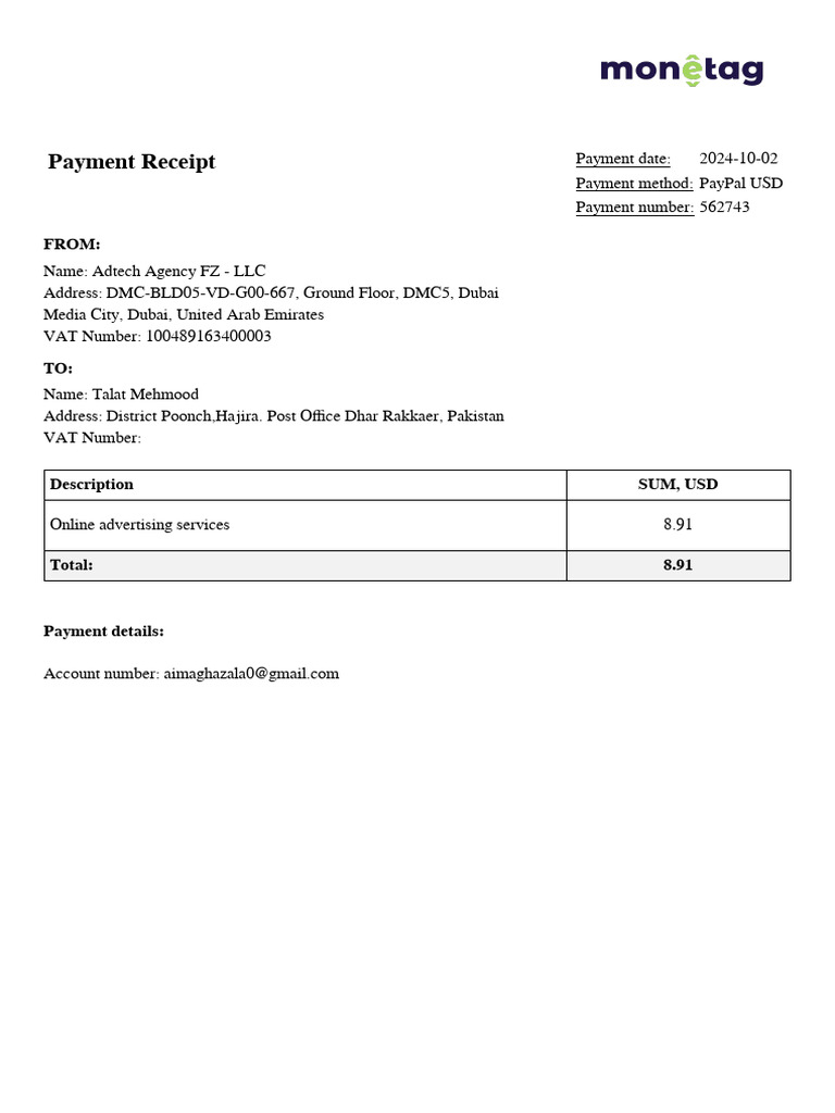 PayPal Payment Receipt for Ad Services | PDF