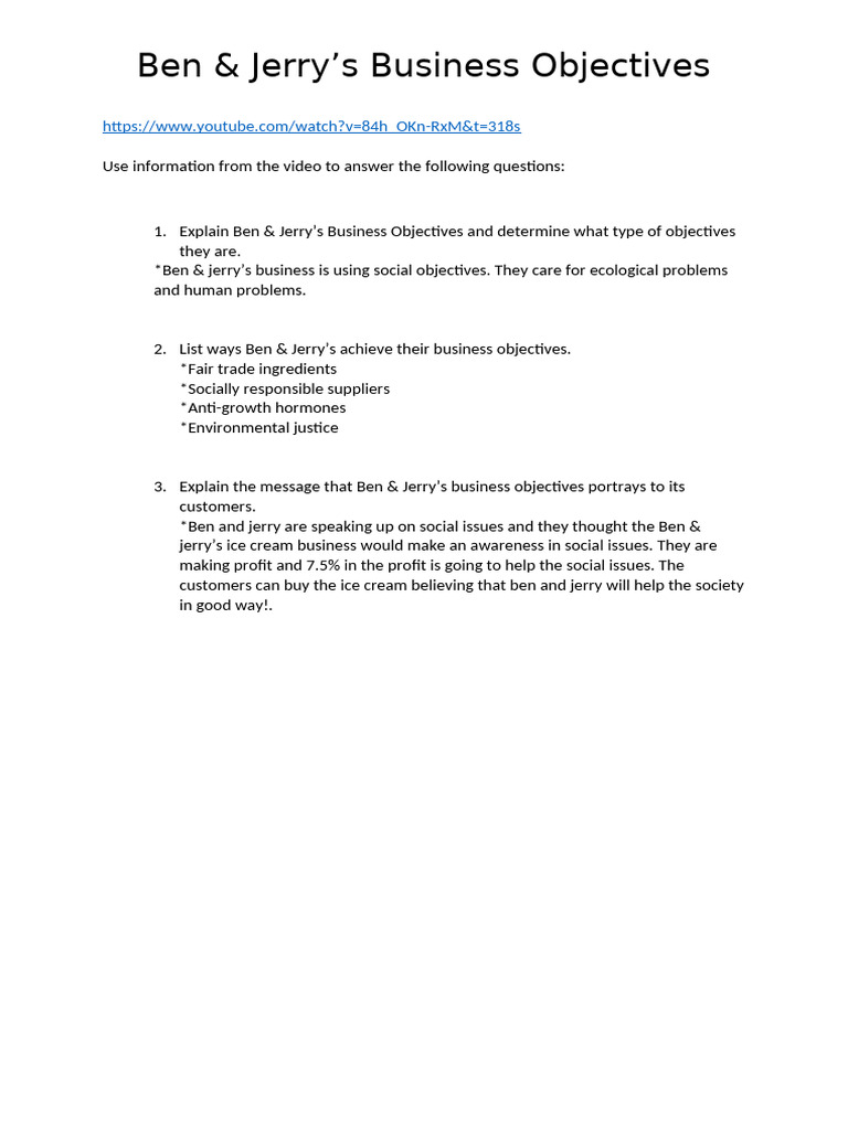 Ben Jerry' S Business Objectives Questions | PDF | Law