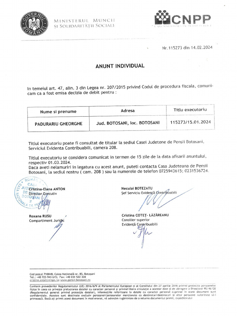 Anunt Individual NR 115273 2024 | PDF