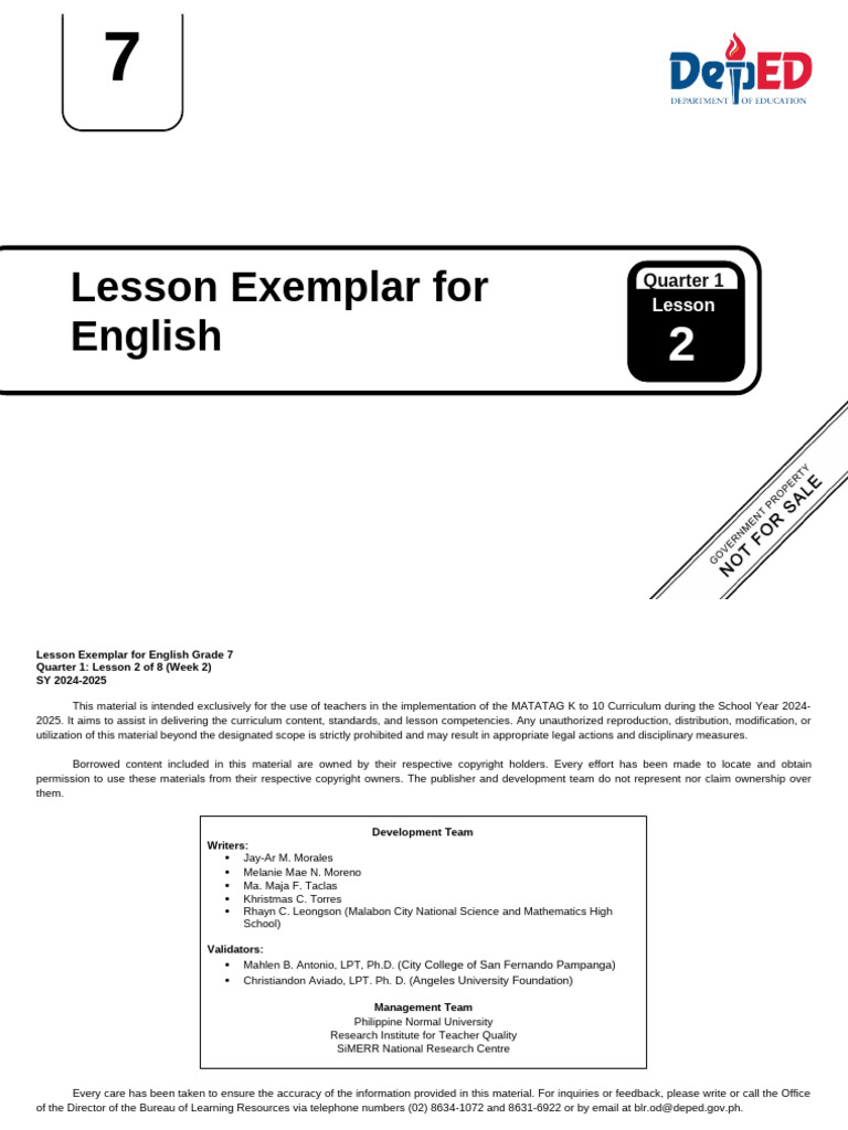 Q1 - LE - English 7 - Lesson 2 - Week 2 | PDF | Poetry | Learning