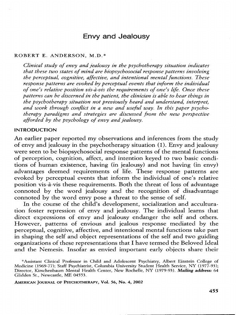 Envy and Jealousy | PDF | Psychotherapy | Jealousy