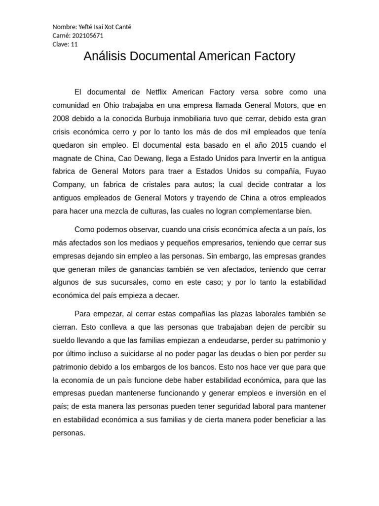 Análisis Documental American Factory | PDF | Derecho laboral | Sindicato