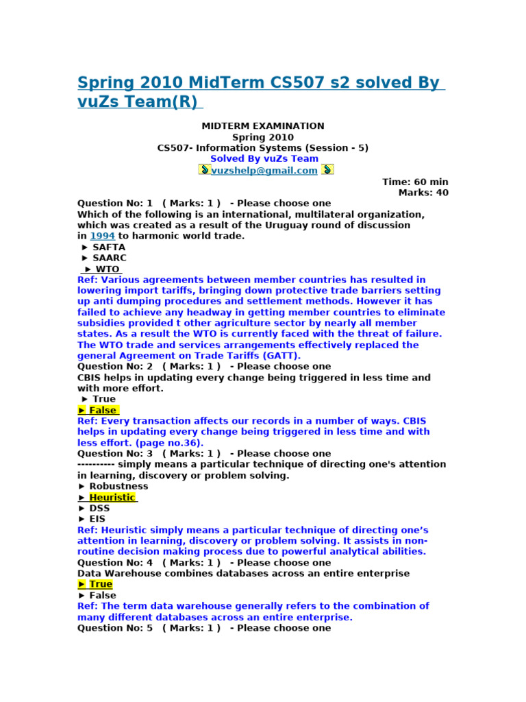 Cs507 Midterm Papers Mega File by Soban 5 | PDF | Data Mining | World Trade Organization