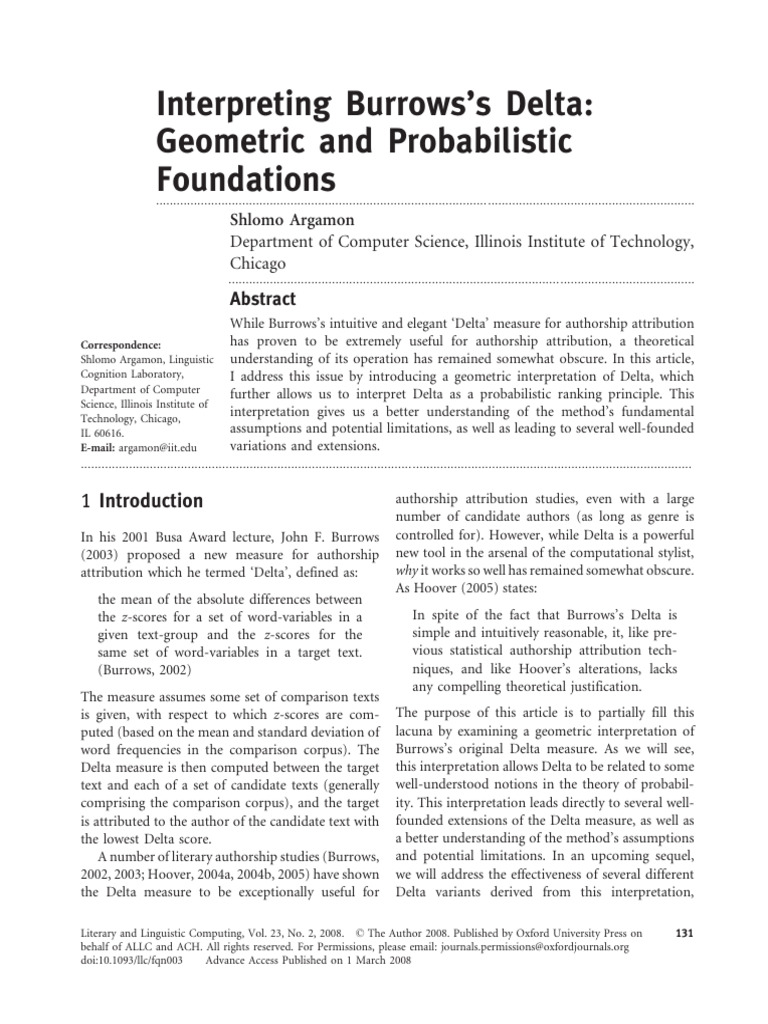 Argamon - Interpreting Burrow's Delta, Geometric and Probabilistic Foundations | PDF | Normal ...