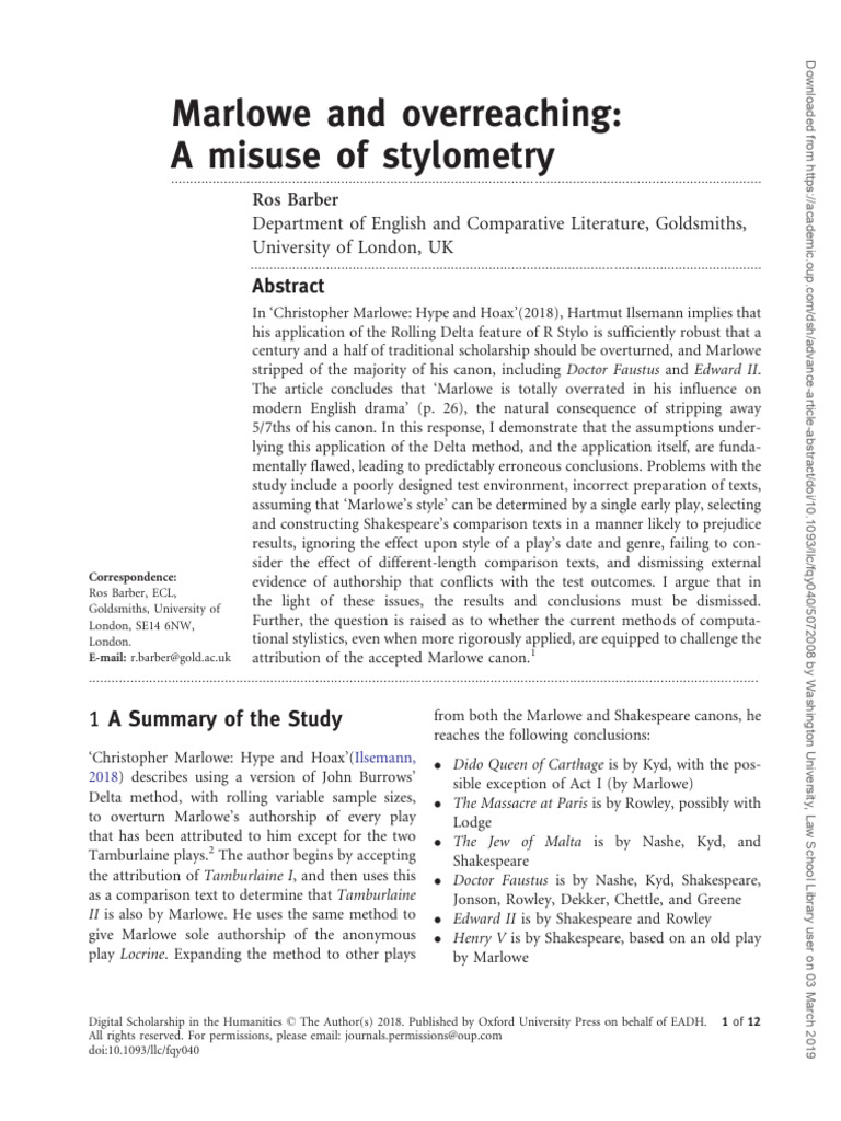 Barber - Marlowe and Overreaching. A Misuse of Stylometry | PDF ...