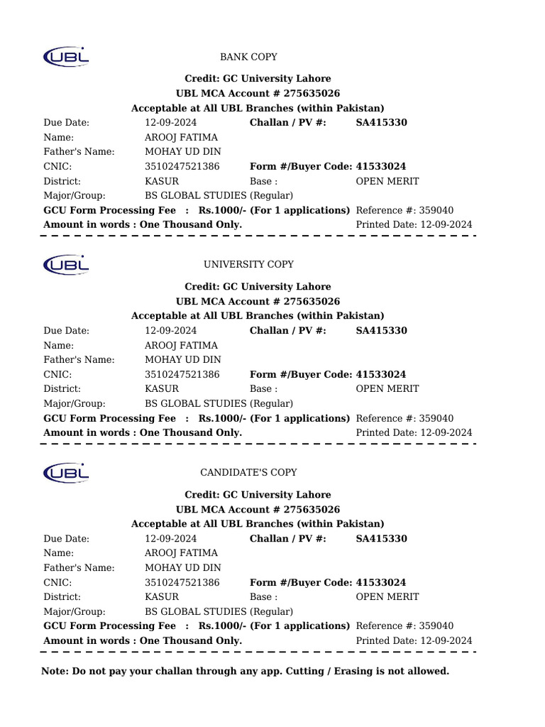 GCU BS Global Studies Fee Challan 2024 | PDF
