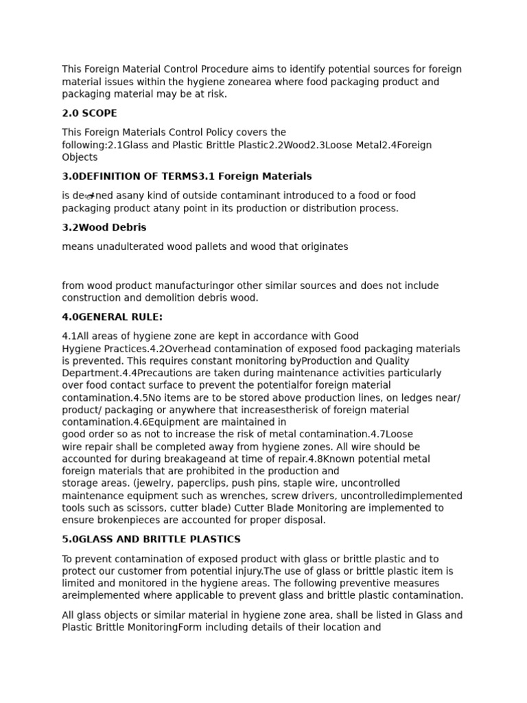 Foreign Material Control | PDF | Pallet | Hygiene
