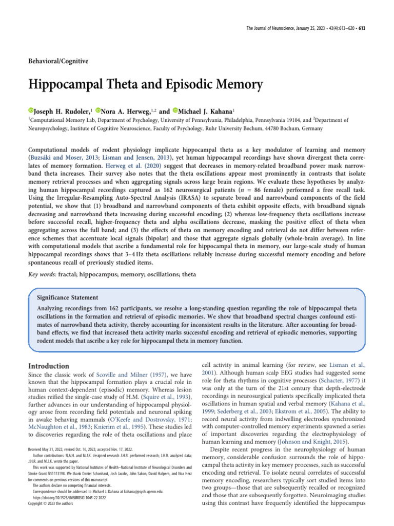 Rudoler et al. 2023 - Hippocampal Theta and Episodic Memory | PDF | Neural Oscillation | Hippocampus