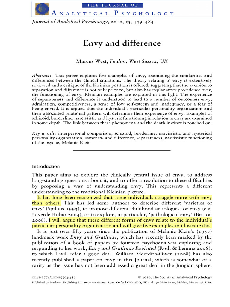 Envy & Difference | PDF | Sigmund Freud | Psychoanalysis