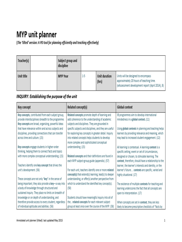 MYP Unit Planner - Tilted Version | PDF | Educational Assessment | Learning