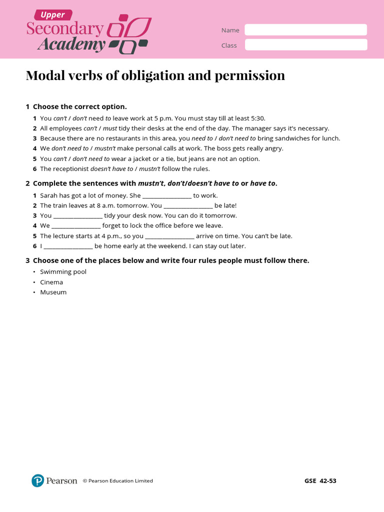 SecondaryAcademy Modals of Obligation and Permission Worksheet | PDF ...
