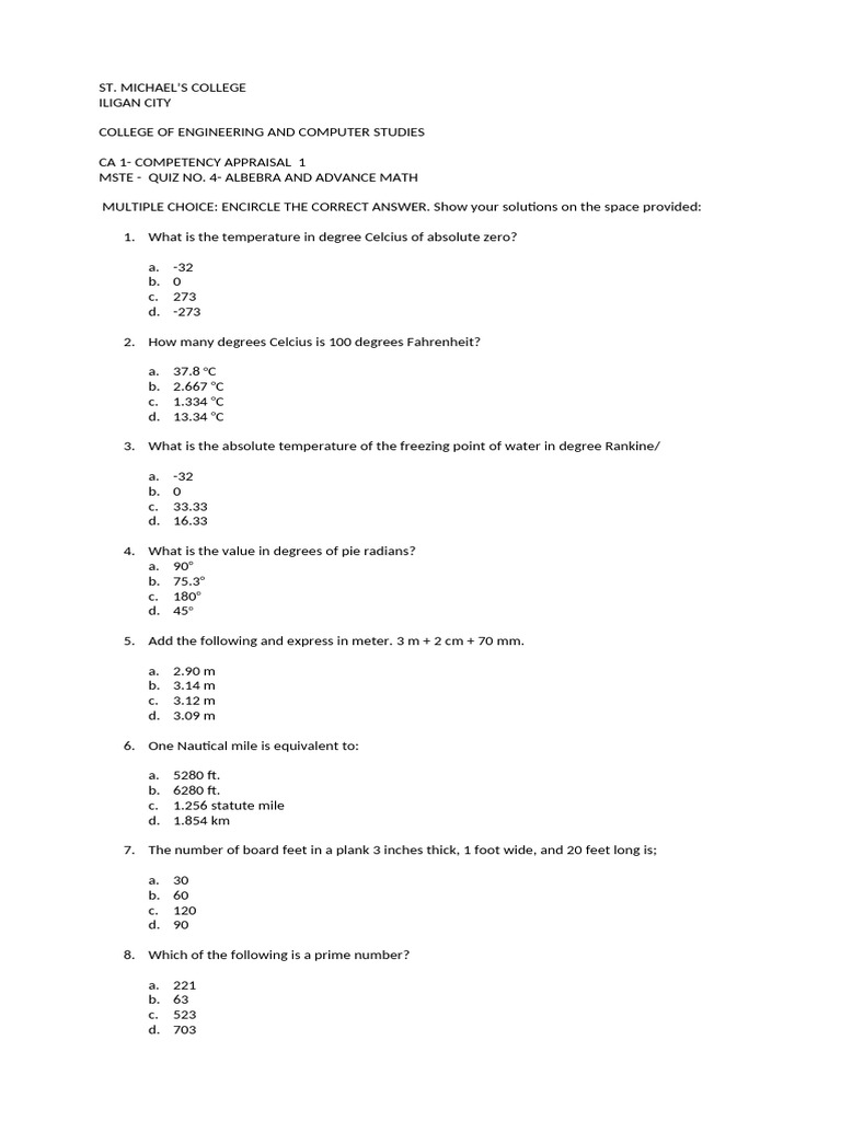 MSTE, Algebra and Advance Math Assignment No. 4 | PDF | Area | Rectangle