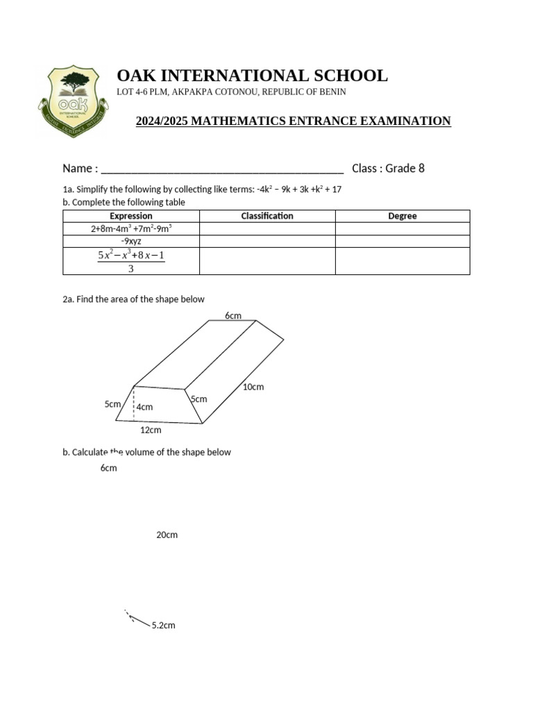 ENTRANCE EXAM Mathematics Grade 8 | PDF | Mathematics