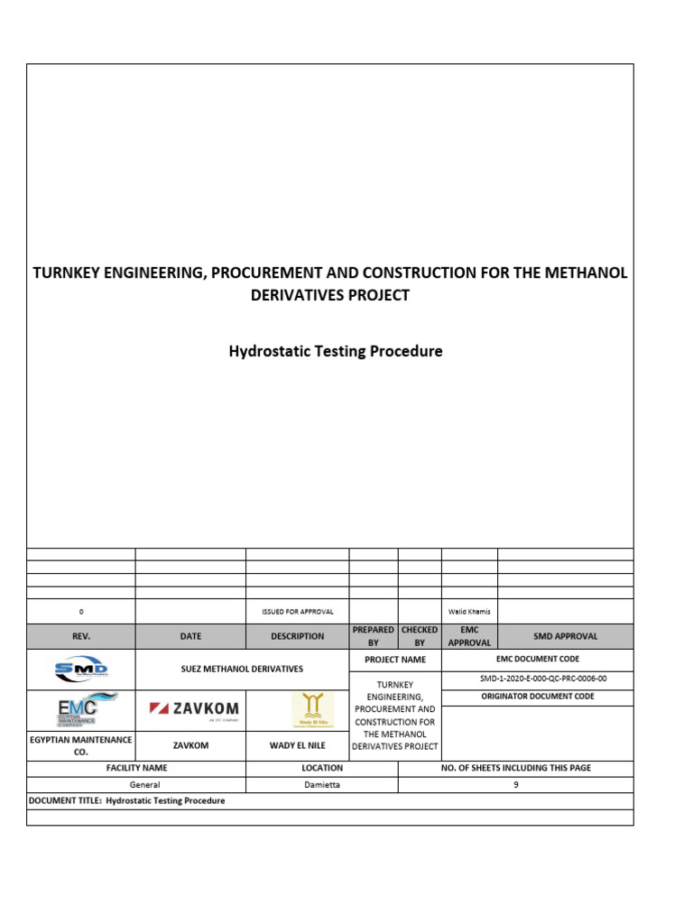 SMD-1-2020-E-000-QC-PRC-0006-00 - Tanks Hydrostatic Procedure | PDF | Leak | Pressure